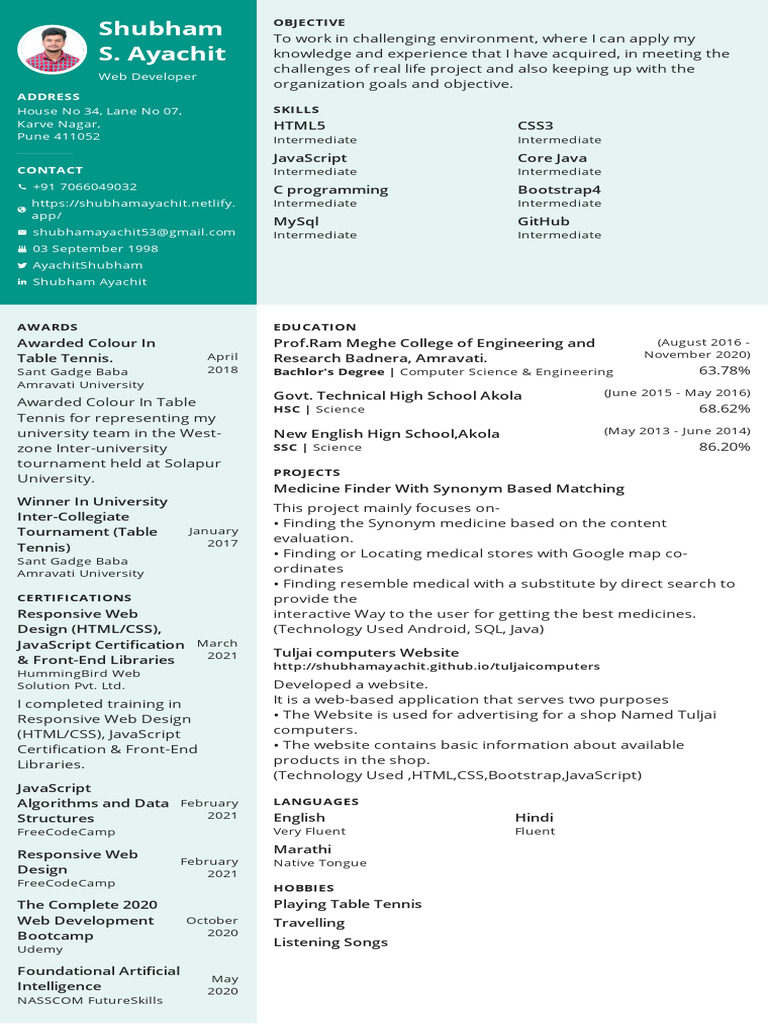 Shubham Ayachit - Web Developer Resume | PDF | World Wide Web ...