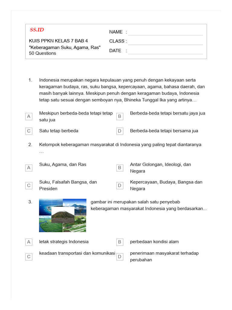 Kuis PPKN Kelas 7 Bab 4 - Keberagaman Suku, Agama, Ras | PDF