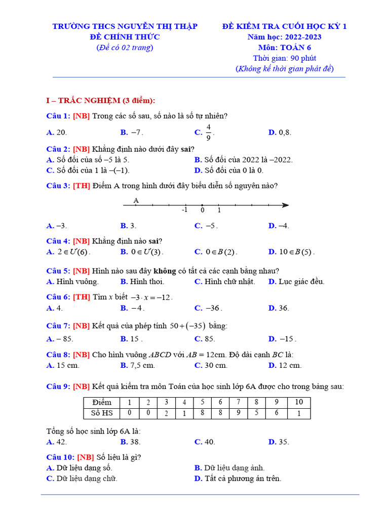 De Cuoi Hoc Ky 1 Toan 6 Nam 2022 2023 Truong Thcs Nguyen Thi Thap TP HCM | PDF
