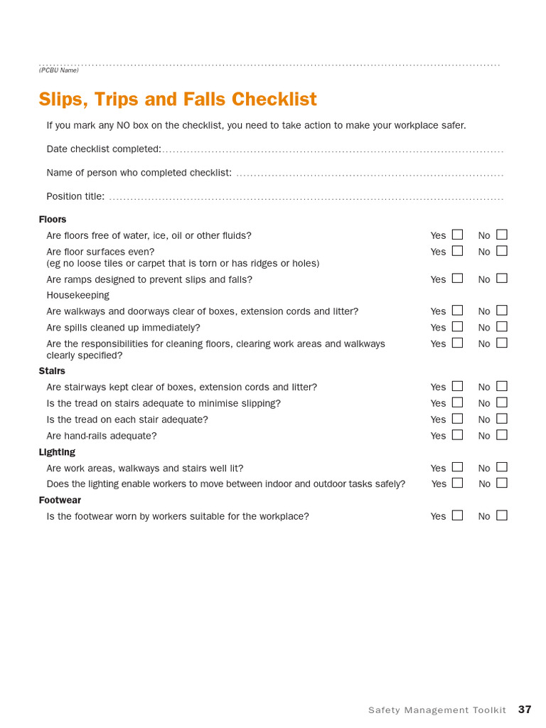 Sample Checklist - Slips, Trips and Falls | PDF | Stairs | Pedestrian ...