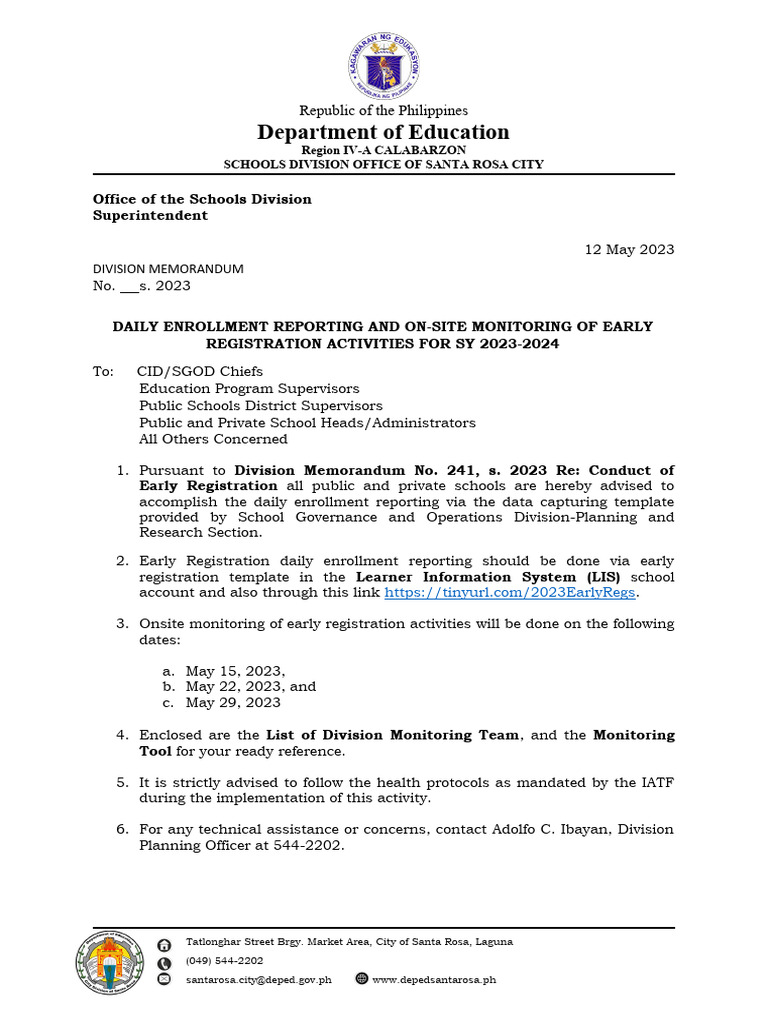 Early Registration Monitoring 2023 | PDF | Philippines