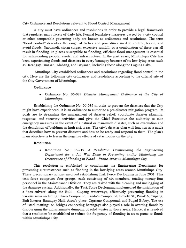 City Ordinance and Resolutions Relevant To Flood Control Management ...