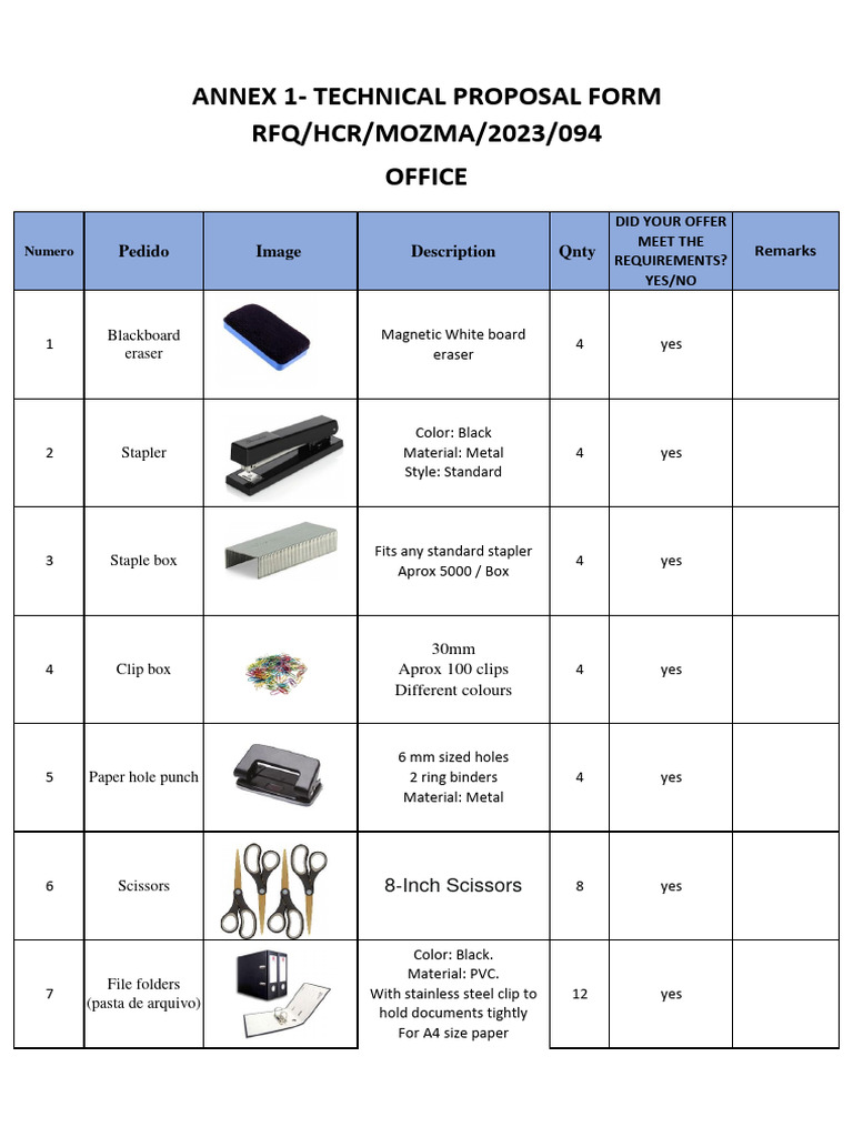 MSQ003 - Annex 1 - Technical Proposal Form-Stationeries 06 11 2023 | PDF | Materials | Stationery