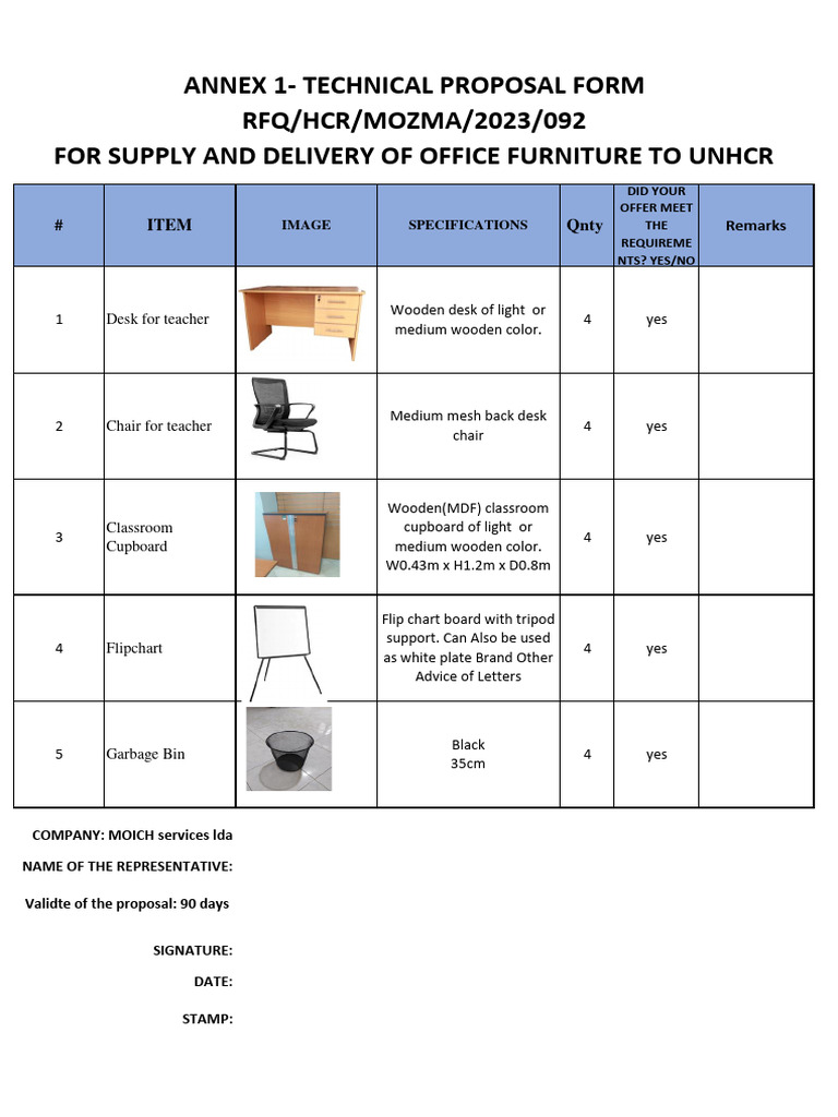 MSQ004 - Annex 1-TECHNICAL PROPOSAL FORM - FURNITURES FOR INS PROJECT ...
