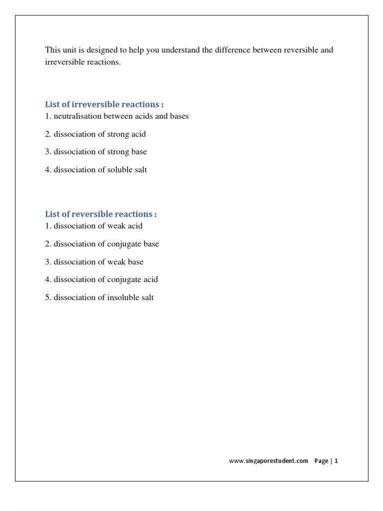 List of Irreversible Reactions | PDF | Acid | Chemical Equilibrium