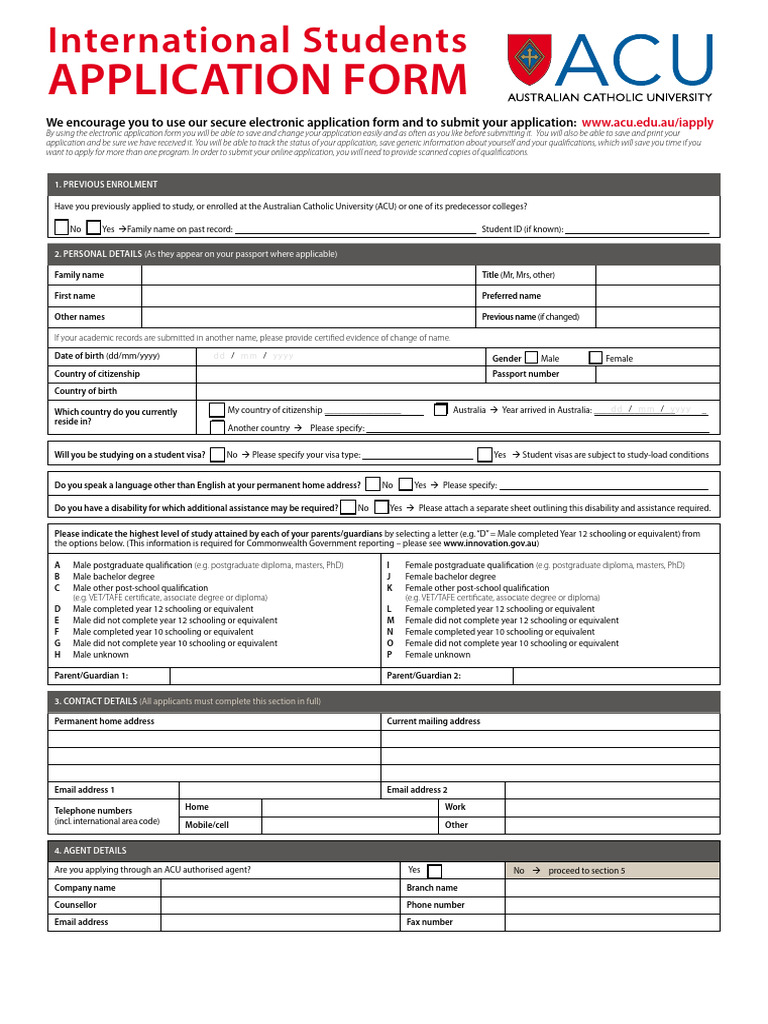 ACU International Student Application Form | PDF | Bachelor's Degree ...