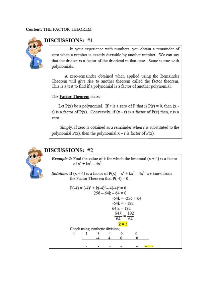 Remainder Theorem Pdf Factorization Zero Of A Function