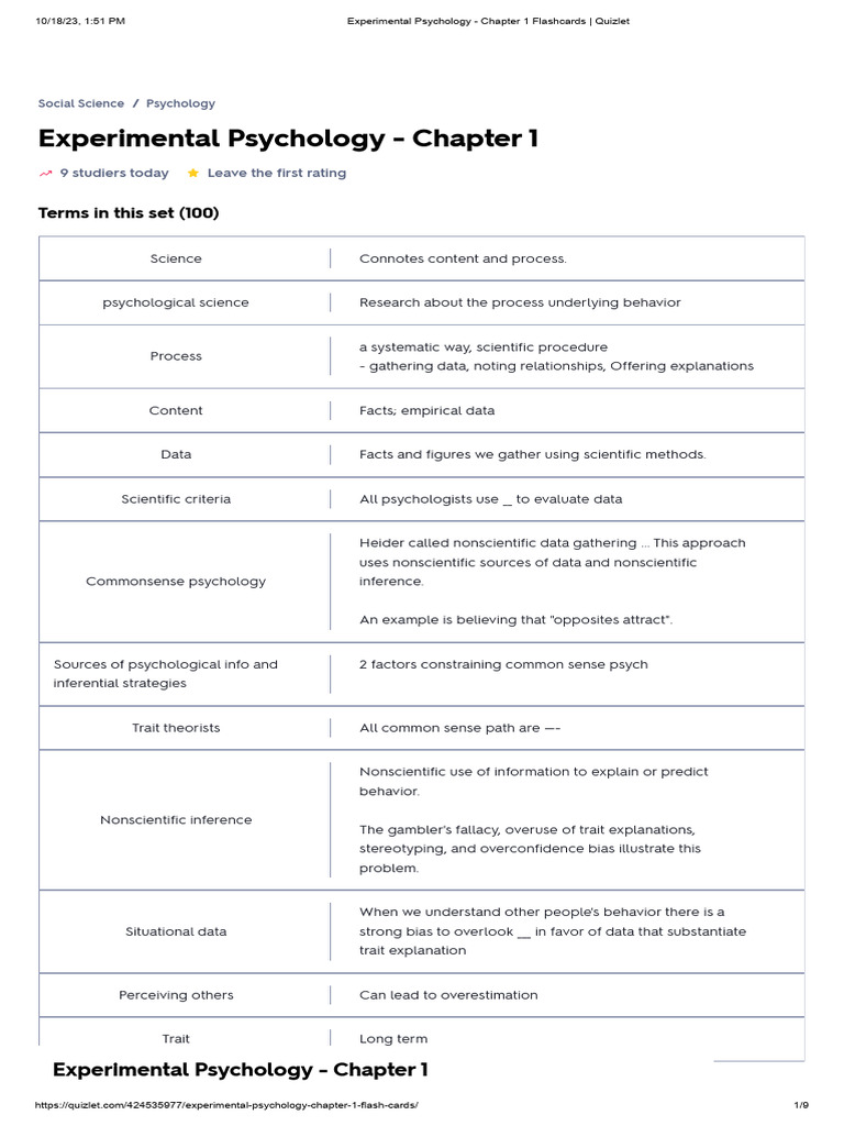 Experimental Psychology - Chapter 1 Flashcards - Quizlet | PDF | Experiment | Psychology