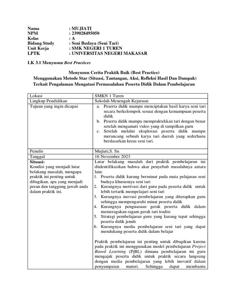 OK LK 3.1 SIKLUS 2 Menyusun Best Practices - MUJIATI | PDF