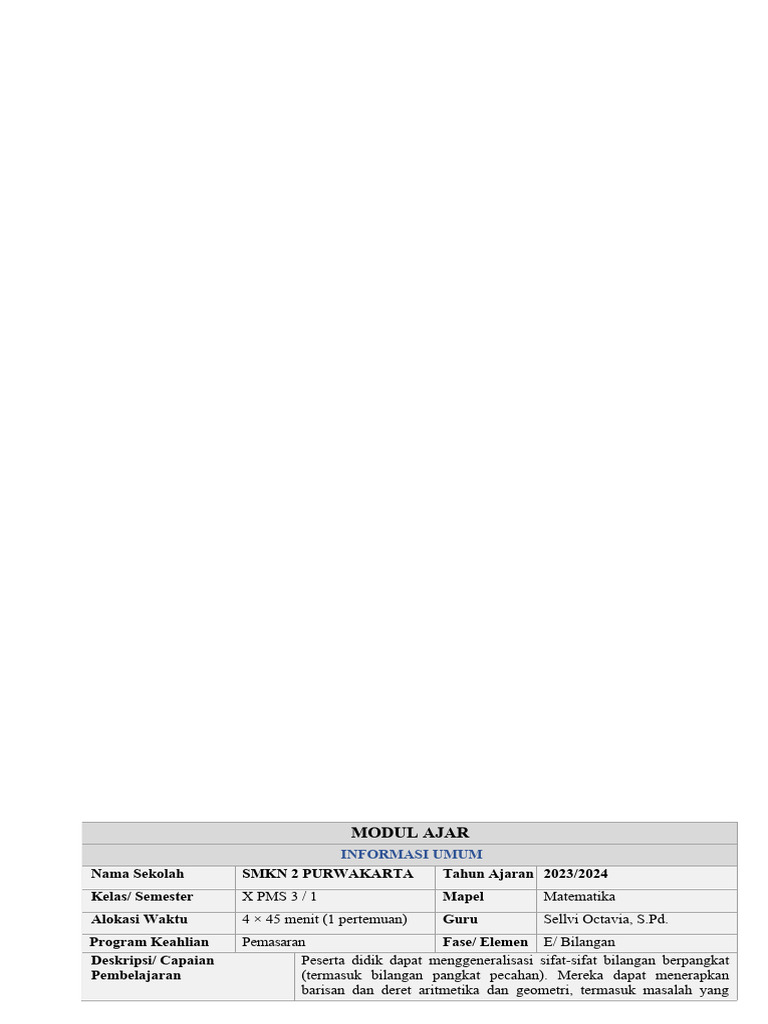Modul Ajar Barisan Aritmatika Berdiferensiasi | PDF