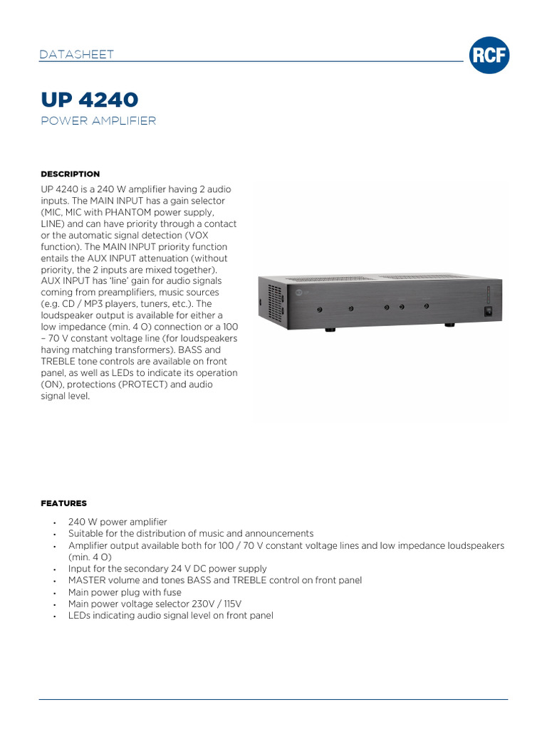 Specsheet Eng Up 4240 | PDF | Amplifier | Microphone