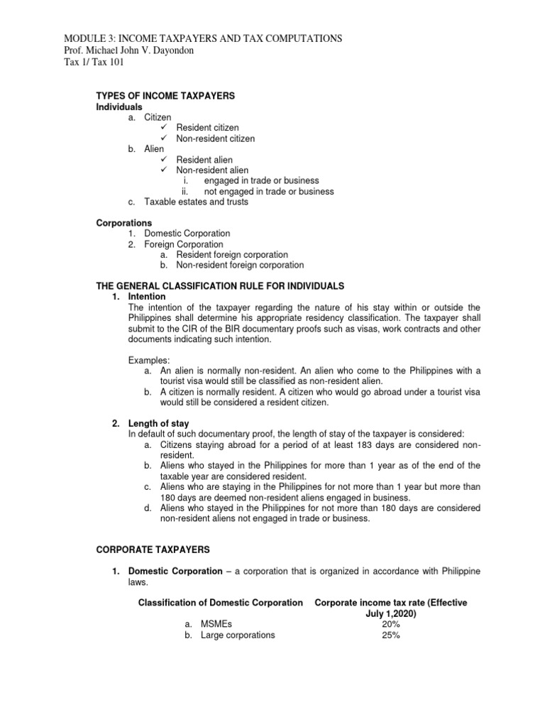 Module 3 Types of Income Taxpayers and Tax Computations | PDF | Taxes ...