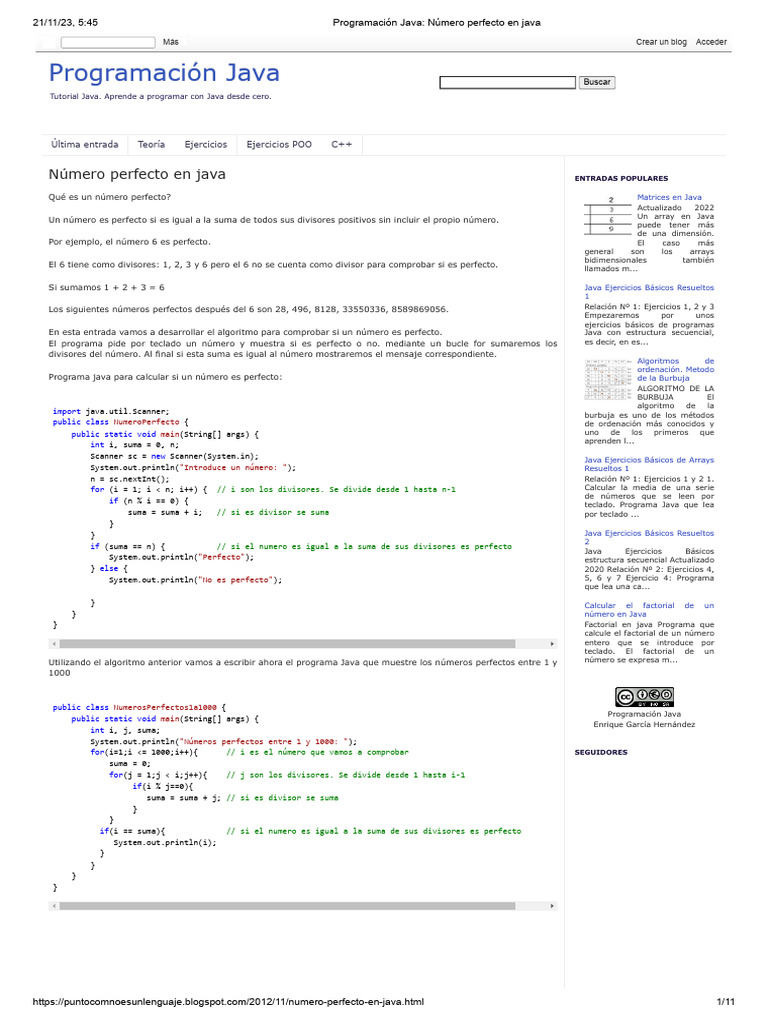 Programación Java_ Número perfecto en java | PDF | Java (lenguaje de programación) | Ciencias de ...