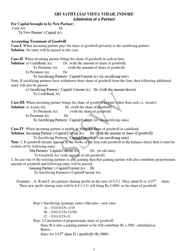 Acc Class 12 Admission of Partner | PDF | Balance Sheet | Goodwill ...