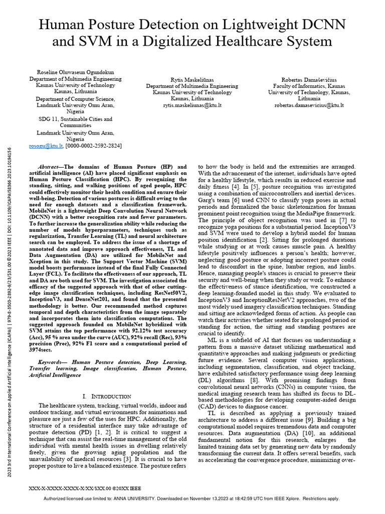Human Posture Detection On Lightweight Dcnn And Svm In A Digitalized Healthcare System Pdf