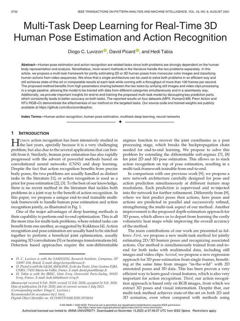Multi-Task Deep Learning For Real-Time 3D Human Pose Estimation and Action Recognition | PDF ...