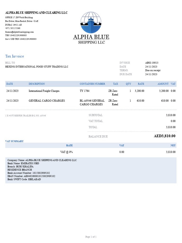 Invoice ABSI-10013-HEXING INTERNATIONAL FOOD STUFF TRADING LLC | PDF ...