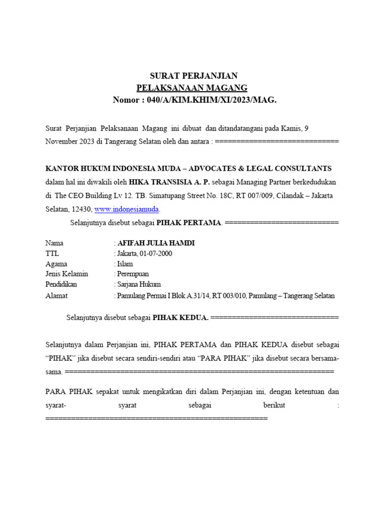 Surat Perjanjian Magang Hukum 2023 | PDF