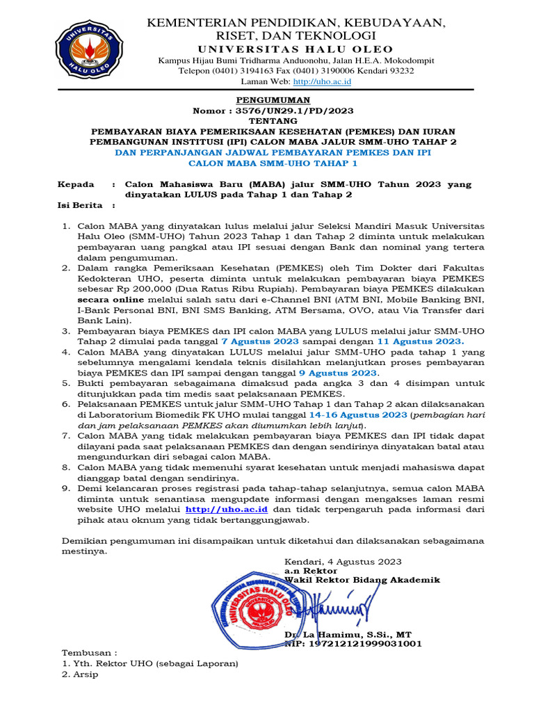 Pengumuman Pembayaran Biaya Pemkes Dan Ipi SMM Uho Tahap 1 2 | PDF