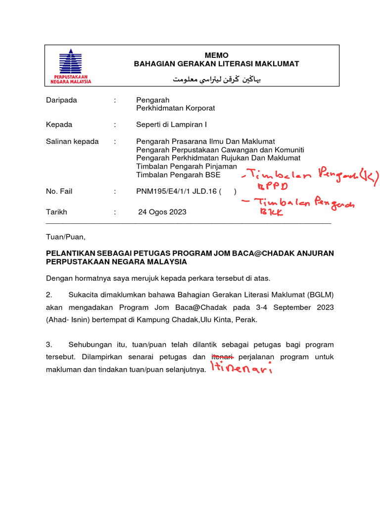 Memo Lantikan Petugas PNM Program Jom Baca@ Chadak | PDF