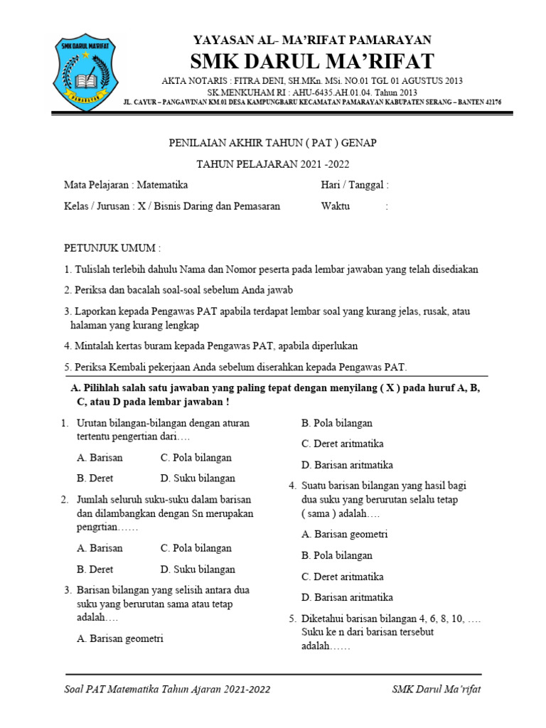 Soal Pat Matematika SMK Ok1 | PDF | Metode & Bahan Ajar