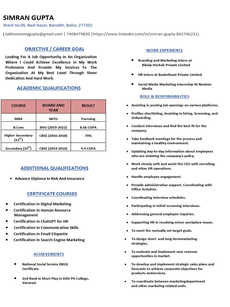 Simran Resume | Download Free PDF | Human Resource Management | Business