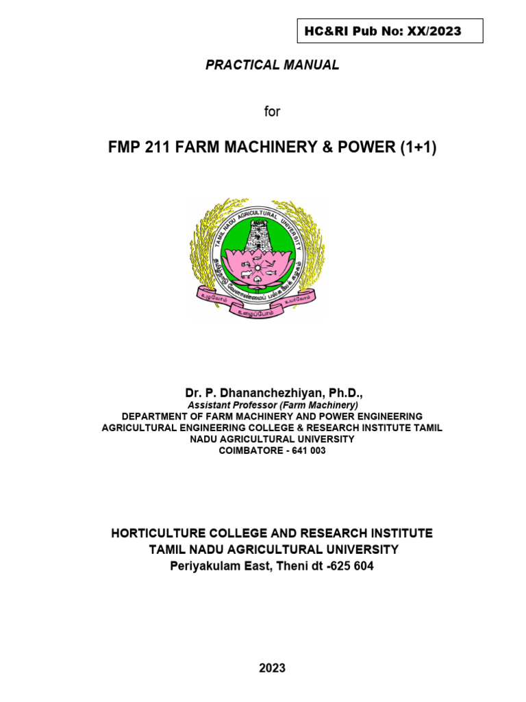 FMP211 Practical Manual - B.sc. (Horti) - 2023 | PDF | Internal Combustion Engine | Plough
