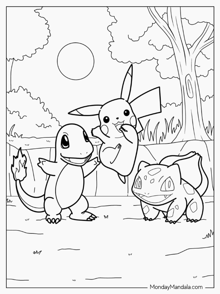 Pikachu, Charmander, Bulbasaur Colouring Page | PDF