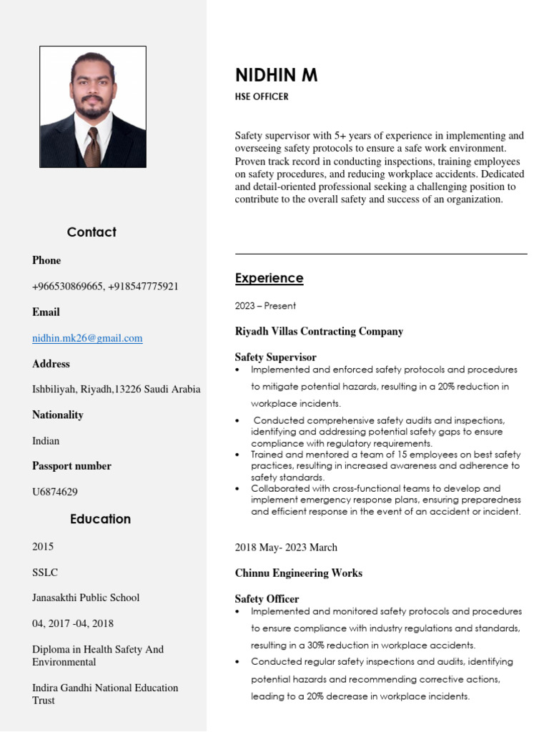 Nidhin CV 5+ PDF | PDF | Occupational Safety And Health | Safety Nidhin CV 5+ PDF | PDF | Occupational Safety And Health | Safety