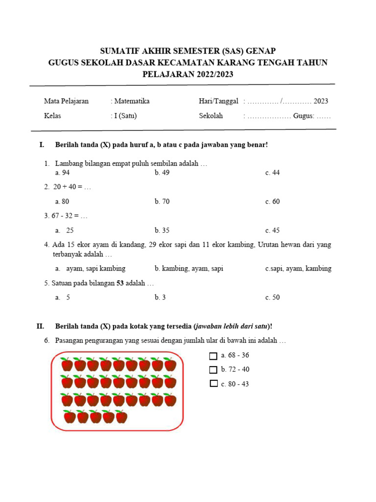 Soal Matematika Kelas 1 SAS GENAP 2022 - 2023 | PDF