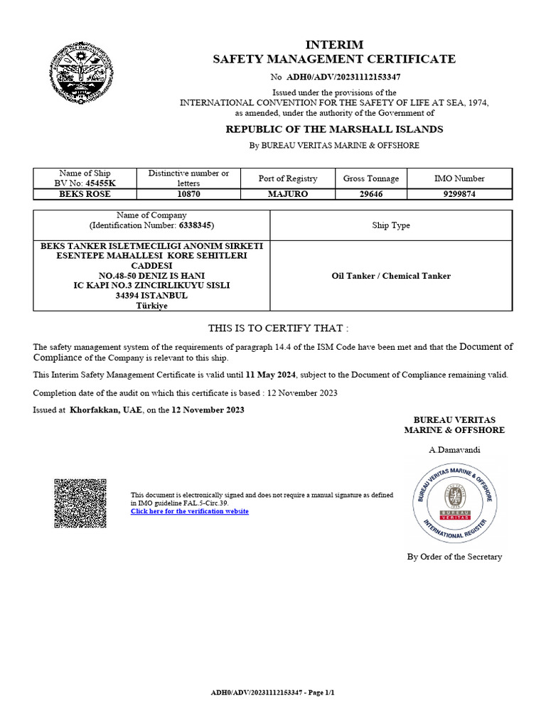 SMC Certificate ADH0-ADV-20231112153347 | PDF | Ships | Water Transport