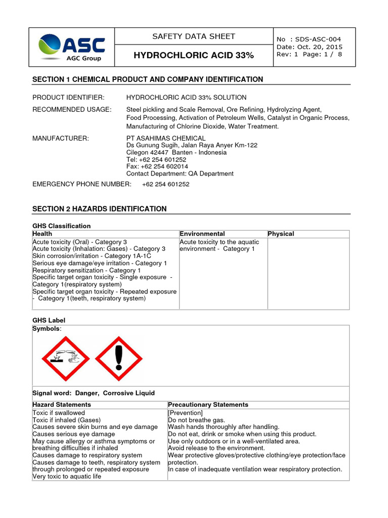 MSDS-Hydrochloric Acid | PDF | Water | Toxicity