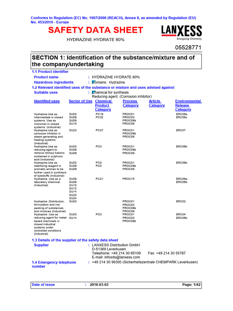 MSDS-Hydrazine 80% | PDF | Toxicity | Firefighter