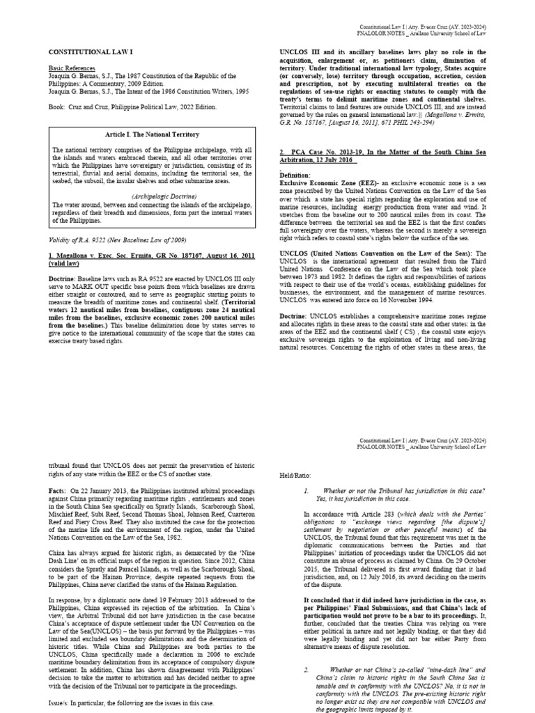 Notes in Constitutional Law 1 - With Cases | PDF | Territorial Waters ...