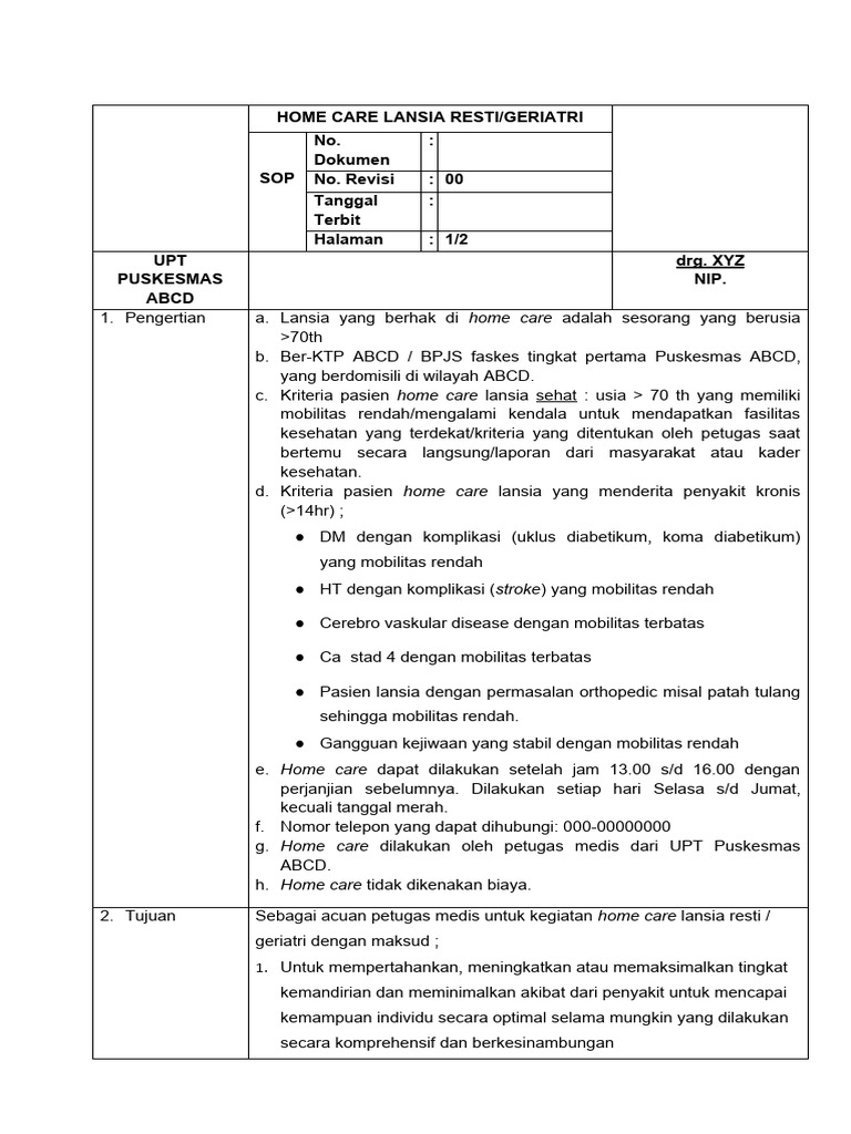 Home Care Lansia: SOP Puskesmas ABCD | PDF | Pengembangan Diri ...