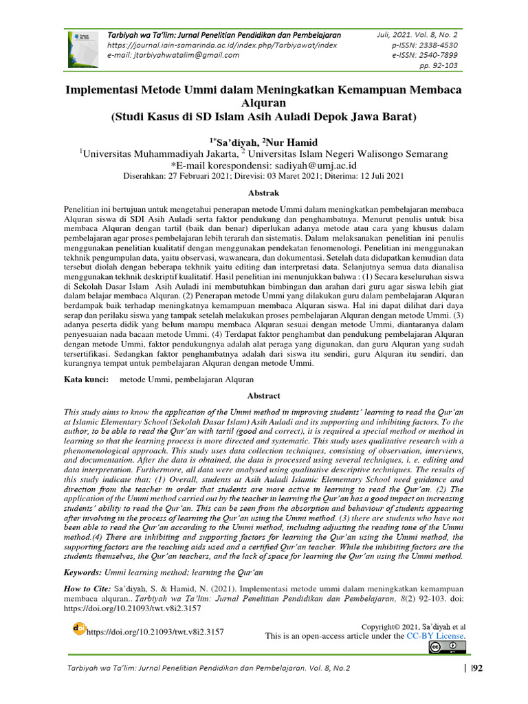 Implementasi Metode Ummi Dalam Meningkatkan Kemampuan Membaca Alquran (Studi Kasus Di SD Islam ...