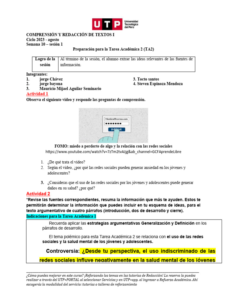 UTP S10.s1 CRT1 - Preparación para La TA2 (Material de Actividades) 2023 Agosto-2 | PDF | Acoso ...