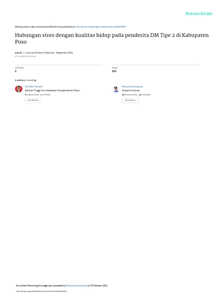 Hubungan Stres Dengan Kualitas Hidup Pada Penderita DM Tipe 2 Di Kabupaten Poso | PDF ...