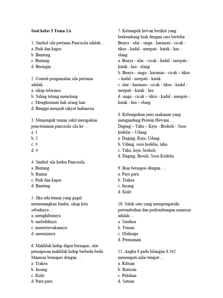 Soal Kelas 3 Tema 1A | PDF