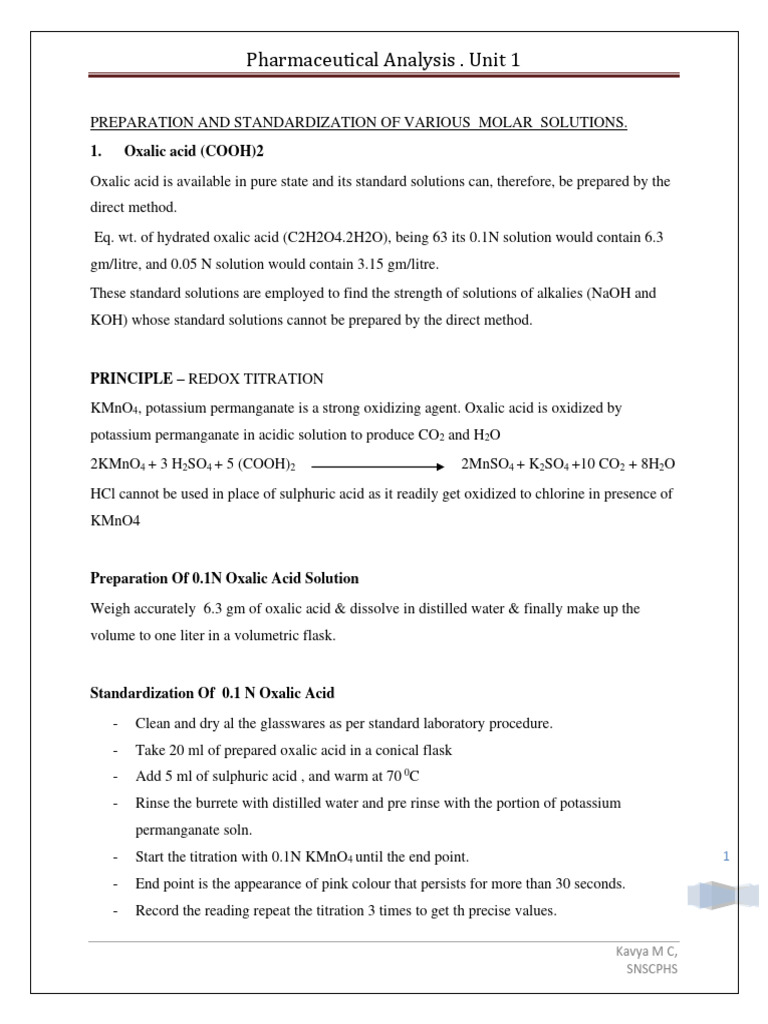 Pharmaceutical Analysis - Unit 1: 1. Oxalic Acid (COOH) 2 | PDF | Titration | Chemistry