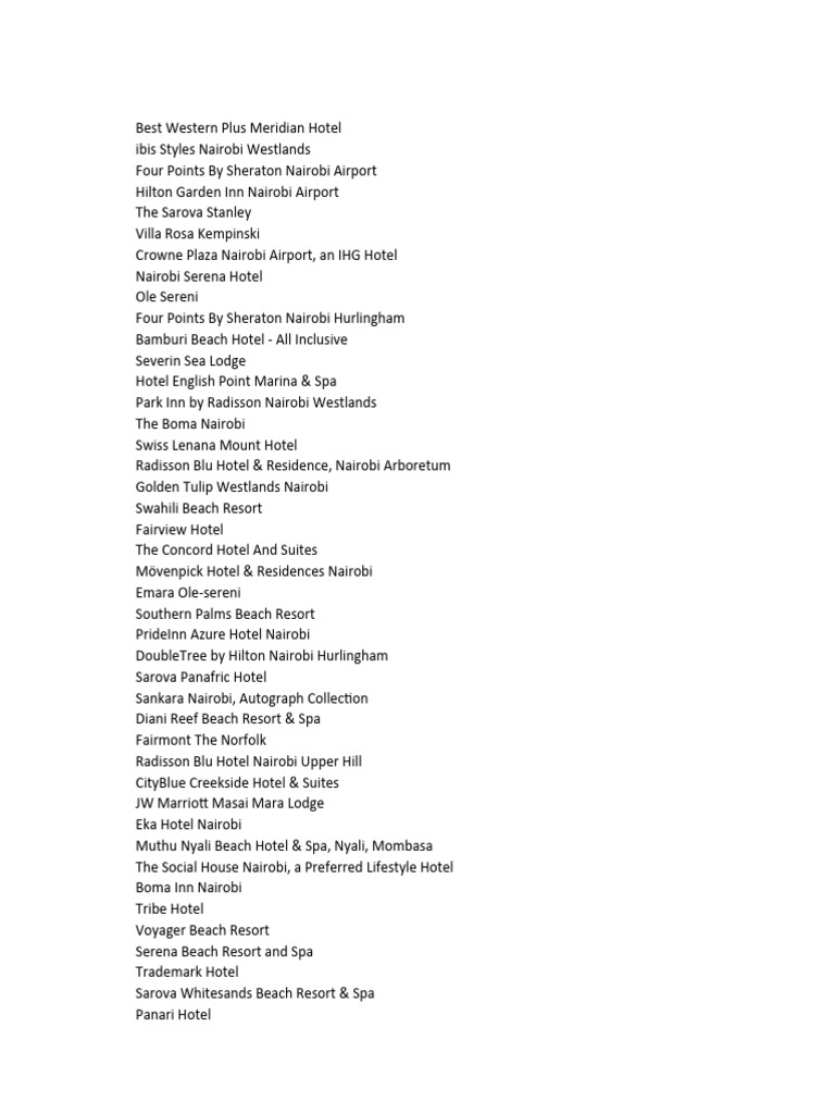 List of Hotels | PDF | Hotel | Nairobi