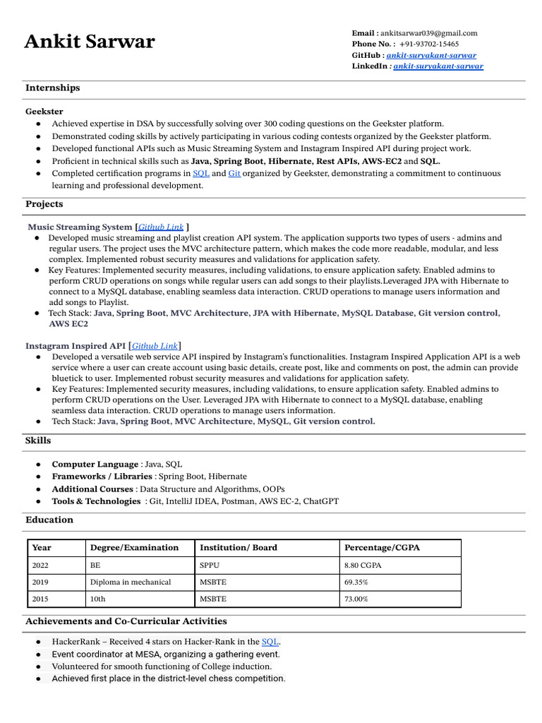 Ankit Sarwar Resume | PDF | Spring Framework | My Sql