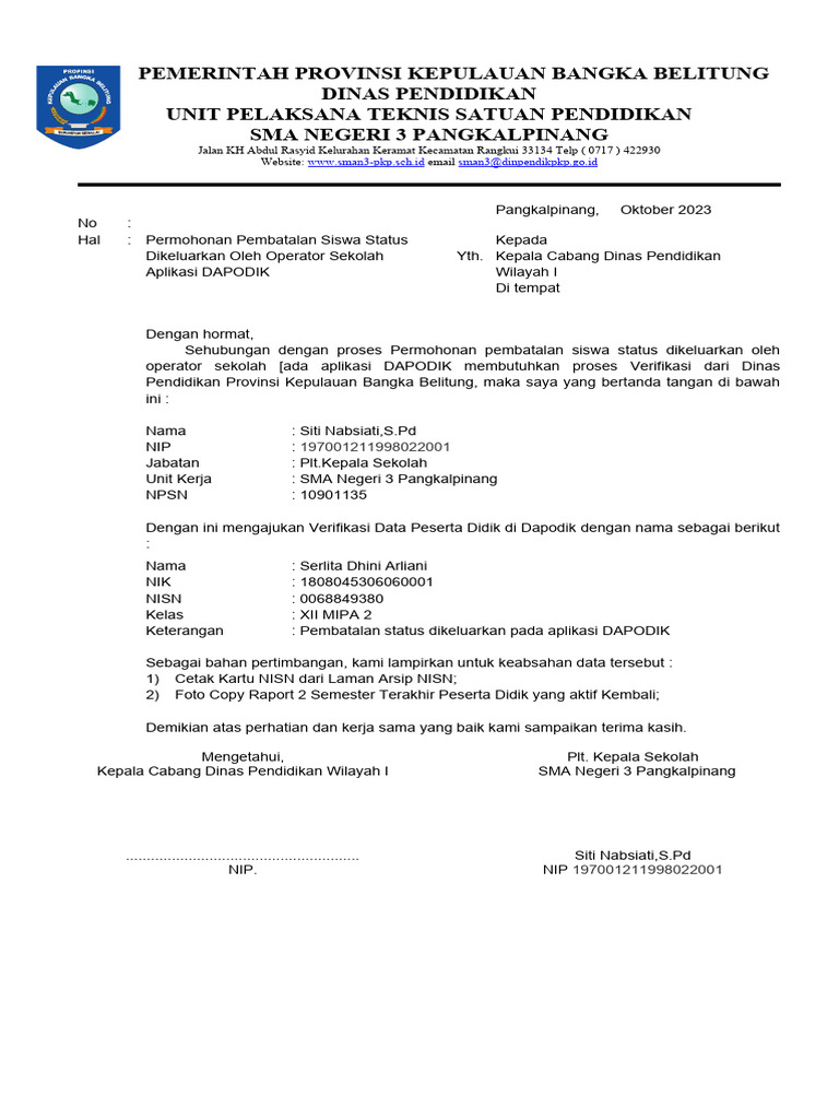 Permohonan Pembatalan Siswa Dapodik | PDF