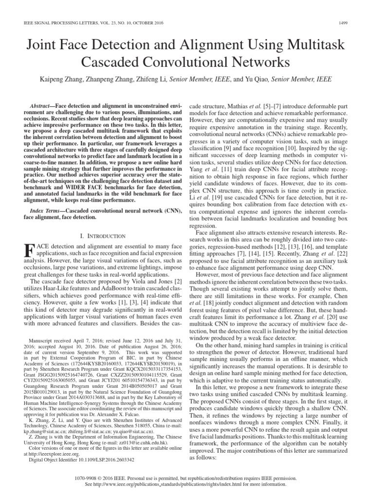 Joint Face Detection And Alignment Using Multitask Cascaded Convolutional Networks Pdf
