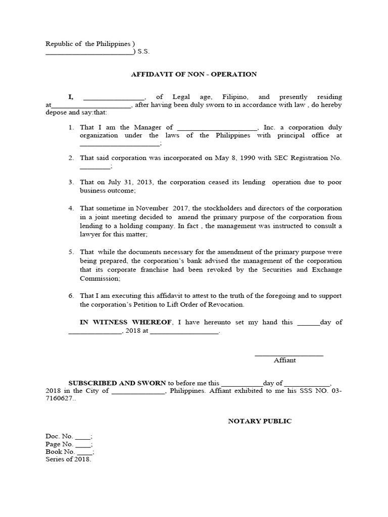 Affidavit of Non-Operation for Corporation | PDF