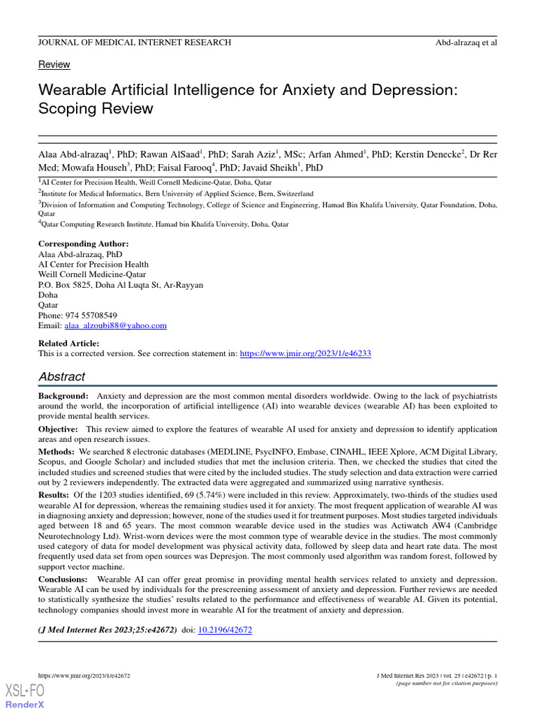 Wearable AI For Anxiety and Depression Detection - Review | PDF | Major ...