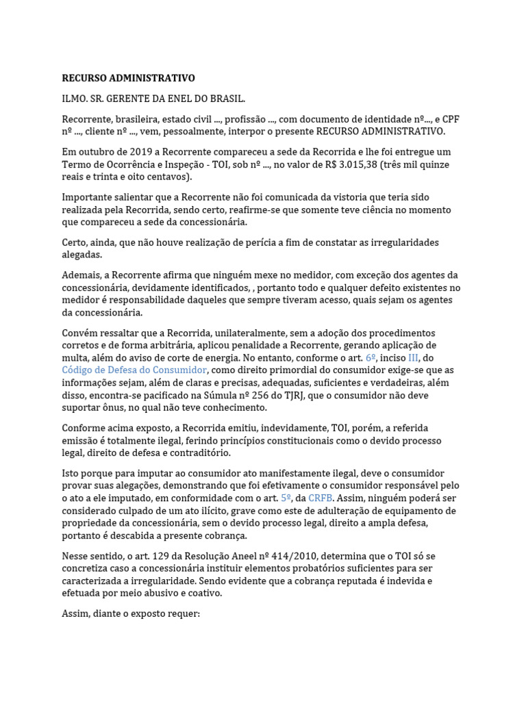 Modelo de Recurso Administrativo Toi Energia Eletrica | PDF | Justiça ... Modelo de Recurso Administrativo Toi Energia Eletrica | PDF | Justiça ...