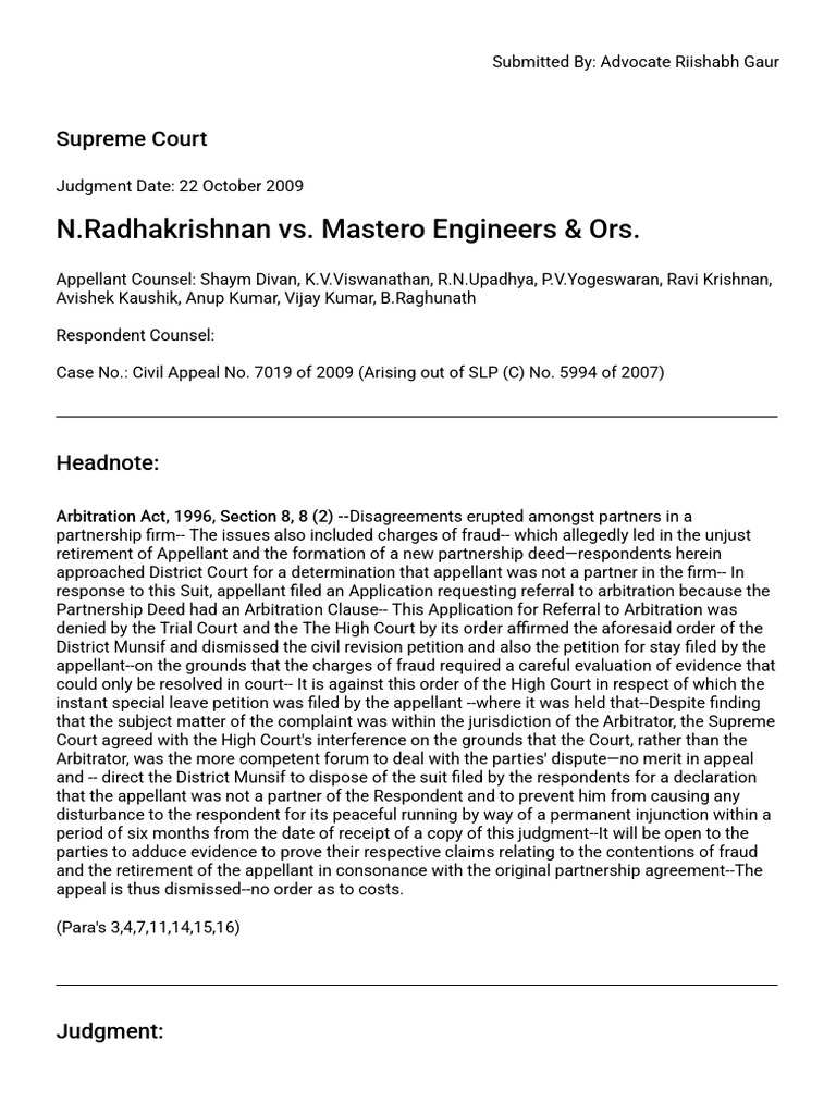 N Radhakrishnan Vs Mastero Engineers - Ors | PDF | Lawsuit | Arbitration