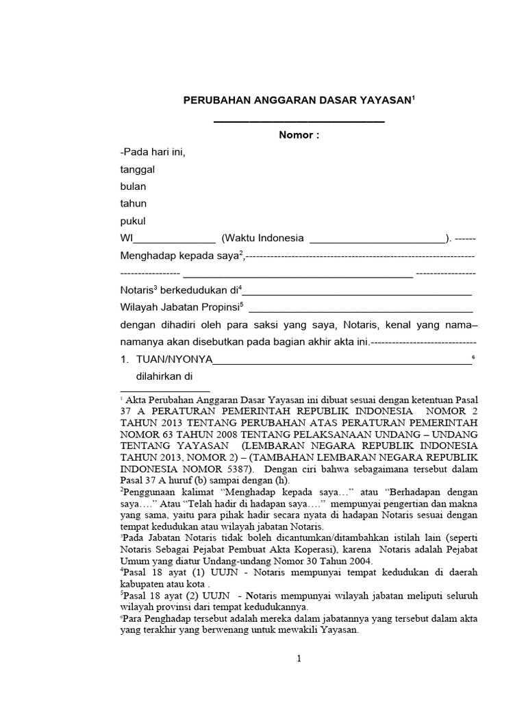 Contoh Akta Perubahan Anggaran Dasar Yayasan | PDF | Hukum | Griya & Taman