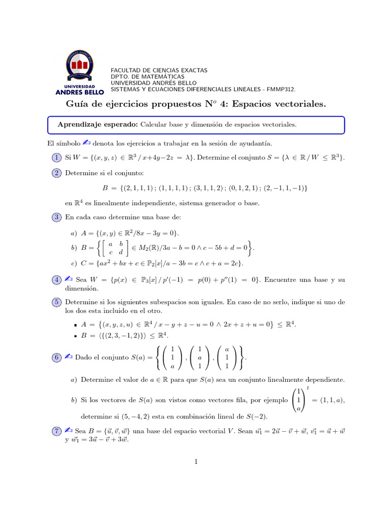 FMM (P) 312 s4 Ejercicios | PDF | Espacio vectorial | Base (álgebra lineal)